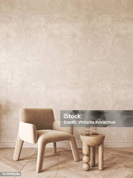 현대적인 스칸디나비아 스타일의 컨셉 디자인 인테리어 룸 프레임 베이지 색 석고 벽을 조롱합니다 나무 테이블과 장식이 있는 미니멀한 소파 3d 렌더링 고품질 3d 그림 0명에