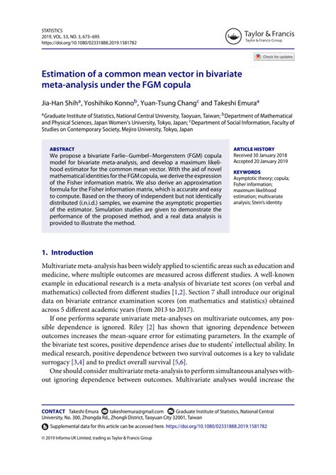 Pdf Estimation Of A Common Mean Vector In Bivariate Meta Analysis Under The Fgm Copula