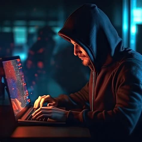 Premium Ai Image Hacker Man Use Note Book Computer Stealing Confidential Data Personal