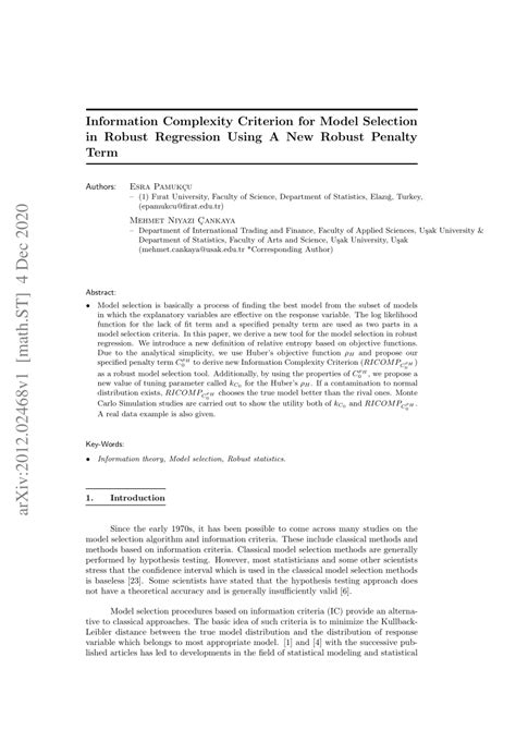 Pdf Information Complexity Criterion For Model Selection In Robust Regression Using A New