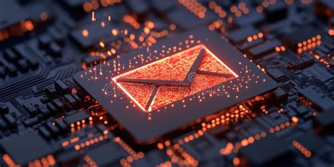 Glowing Email Icon On Microchip Symbolizing Cybersecurity And Phishing Threats Stock