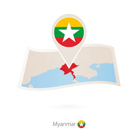 premium vector folded paper map of myanmar with flag pin of myanmar
