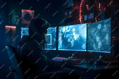 Premium Ai Image Cybercrime Concept Young Man In Hoodie Sitting In Front Of Computer Monitor