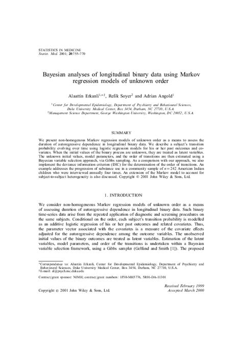 Pdf Bayesian Analyses Of Longitudinal Binary Data Using Markov