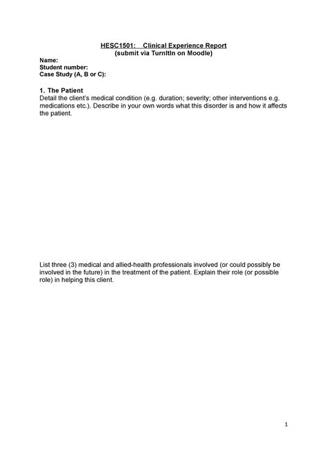 Clinical Experience Report Template For Submission HESC Clinical Experience Report