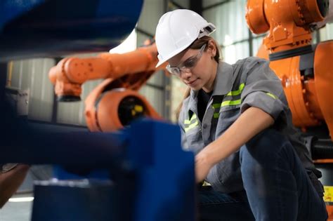 Premium Photo In The Robots Warehouse A Female Engineer Inspects The Electrical System Of