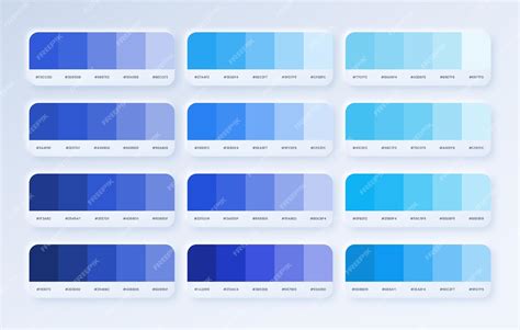 Rgb Hex Blue 색상 카탈로그 Ui용 뉴모픽 스타일 색상 팔레트에서 파란색 팬톤 색상 팔레트 설정 프리미엄 벡터