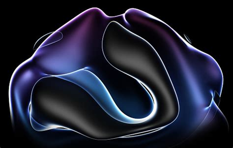 곡선 물결 모양의 우아함 나선형 유기적 선이 있는 초현실적 외계인 꽃 조각의 일부가 있는 추상 미술 3d 배경의 3d 렌더링은 검은색에 네온 형광 파란색과 보라색 그라데이션