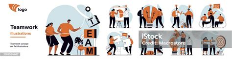 플랫 웹 디자인에서 설정된 사람들 장면 메가와 팀워크 개념 프로젝트에서 일하는 팀과의 캐릭터 상황 묶음 브레인스토밍 타겟팅 비즈니스 목표 달성 벡터 일러스트레이션 개념에