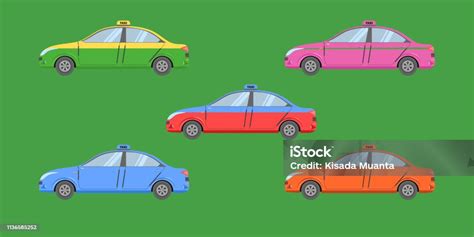 타이어 택시 캡 자동차 운송 서비스 여객 차량 유형 옐로우 그린 퍼플 블루 오렌지 레드 벡터 일러스트 거리에 대한 스톡 벡터