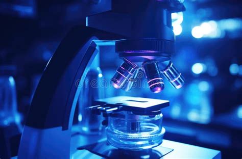 Close Up Of Microscope Lenses Focused On A Specimen In Blue Light Stock Image Image Of