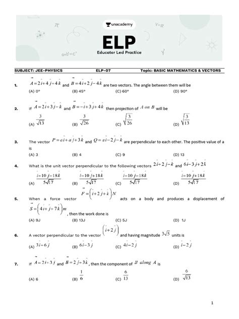 Jee Physics Basic Math And Vectors Quiz Pdf Euclidean Vector Force