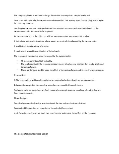 Analysis Of Variance The Sampling Plan Or Experimental Design