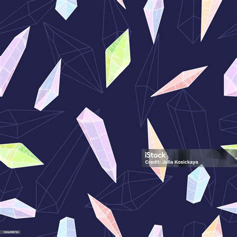 화려한 크리스탈 보석과 윤곽 보석의 손으로 그린 그림과 원활한 패턴 어두운 파란색 백고운드에 보석 돌 벡터 배경입니다 결정체에 대한 스톡 벡터 아트 및 기타 이미지 Istock