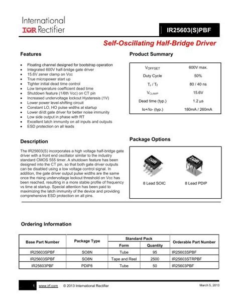 Self Oscillating Half Bridge Driver International Rectifier