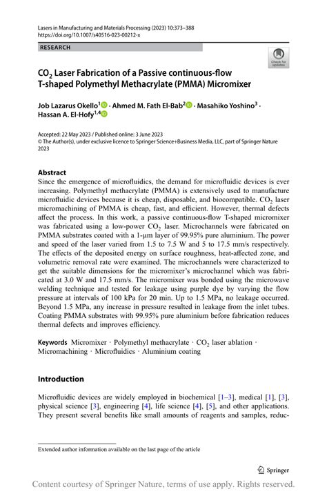 Co2 Laser Fabrication Of A Passive Continuous Flow T Shaped Polymethyl Methacrylate Pmma