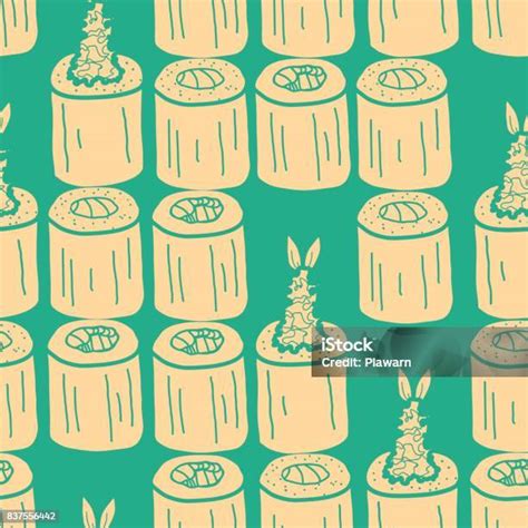 빈티지 그린 바탕에 파스텔 핑크 평면에서 스시 롤 귀여운 일본 음식 손으로 그린 스타일입니다 완벽 한 패턴입니다 0명에 대한 스톡 벡터 아트 및 기타 이미지 Istock