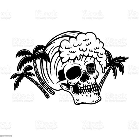 파도와 두개골의 그림 여름 테마 포스터 카드 배너 엠블럼 기호를위한 디자인 요소 벡터 일러스트 레이 션 서핑 수상 스포츠에 대한 스톡 벡터 아트 및 기타 이미지 Istock