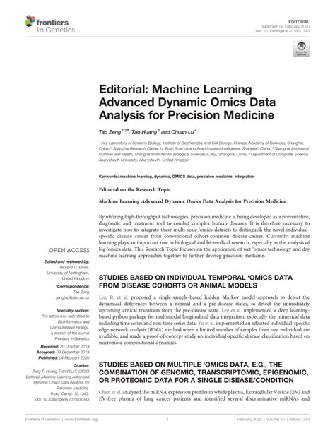 Pdf Editorial Machine Learning Advanced Dynamic Omics Data Analysis For Precision Medicine