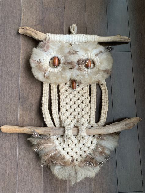 Vintage 70s Macrame Large Owl Wall Hanging Jute Wood Etsy