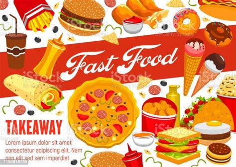 패스트푸드 스낵 피자 버거 테이크아웃 메뉴 감자 요리에 대한 스톡 벡터 아트 및 기타 이미지 감자 요리 겨자 길거리 음식 Istock