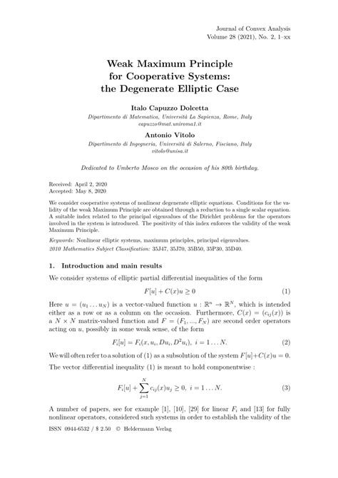 Pdf Weak Maximum Principle For Cooperative Systems The Degenerate Elliptic Case Dedicated To