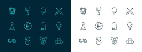 세트 라인 펜싱 무게 권투 글러브 메달 농구 공 라켓 스톱워치 및 미식 축구 골 포스트 아이콘 벡터 3위에 대한 스톡 벡터 아트