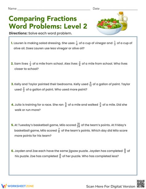 Comparing Fractions Word Problems Level 2 Worksheet