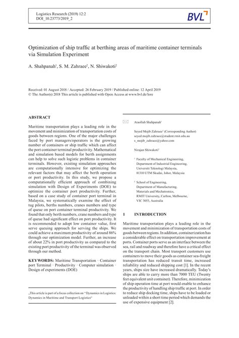 Pdf Optimization Of Ship Traffic At Berthing Areas Of Maritime Container Terminals Via