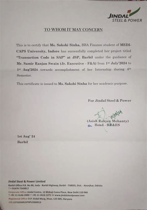 Sakshi Sinha On Linkedin Internship Jsplbbl Jindal Summerbreak Certificate Finance
