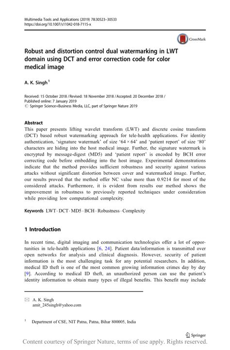 Robust And Distortion Control Dual Watermarking In Lwt Domain Using Dct And Error Correction