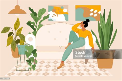 미친 식물 레이디 현대 포스터 또는 인쇄 여성 캐릭터와 평면 간단한 스타일의 벡터 일러스트 레이션 스칸디나비아 인테리어의 세련된