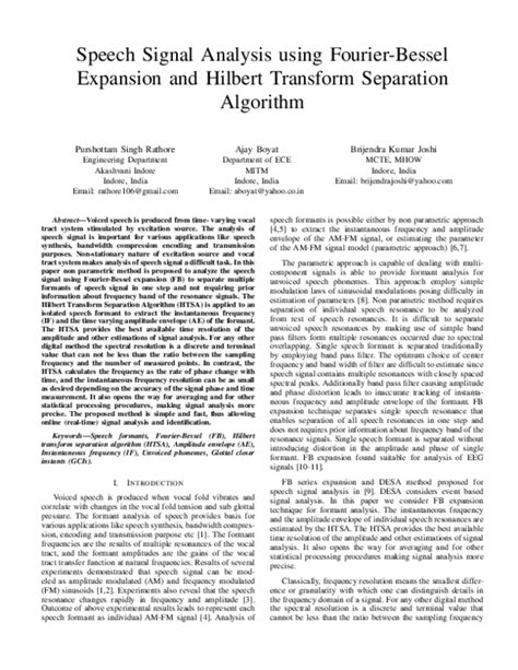 Pdf Speech Signal Analysis Using Fourier Bessel Expansion And Hilbert Transform Separation