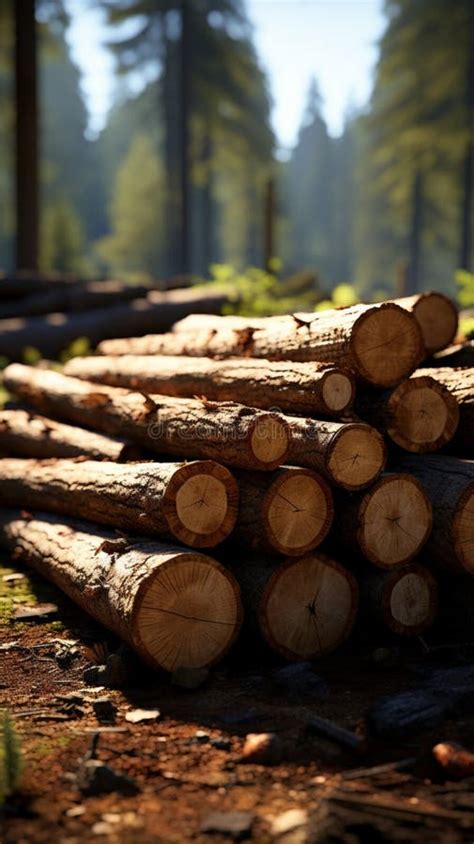 Logging Scene Natural Logs Freshly Harvested In The Forest Stock