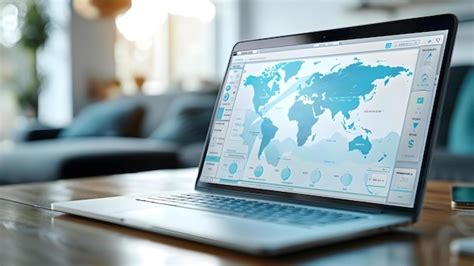 Sending International Money Online Laptop Screen With Map Highlighting Sender And Receiver