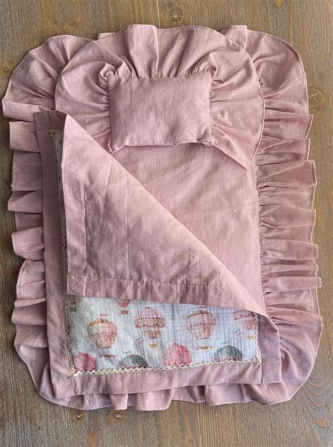 Handmade Linen Doll Bedding Set Ruffled Pink Mattress Pillow And
