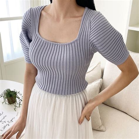 스퀘어넥 골지 퍼프 반팔 니트