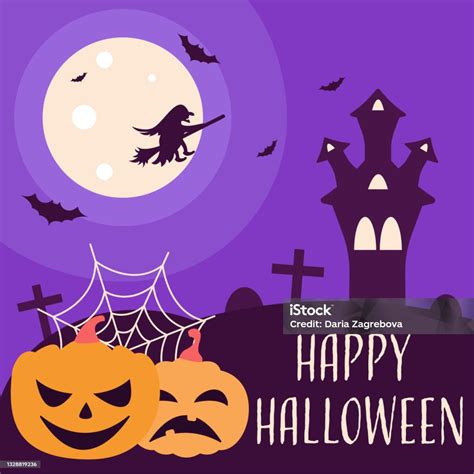 달 박쥐 거미줄이있는 성및 호박의 배경에 마녀 할로윈에 대한 벡터 플랫 일러스트레이션 엽서 포스터 및 초대장 디자인 10월에 대한 스톡 벡터 아트 및 기타 이미지 Istock