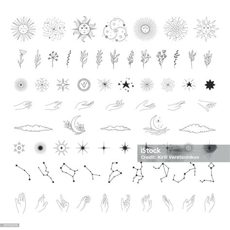 손으로 그린 공간과 보헤미안 요소의 큰 세트 별 구름 반달 손 얼굴 은하 별폭발 별자리 가지와 천상의 태양 스칸디나비아 디자인 0명에 대한 스톡 벡터 아트 및 기타 이미지