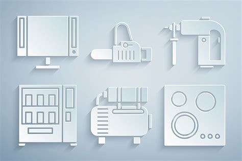 공기 압축기 로터리 해머 드릴 머신 자동 판매기 가스 렌지 전기 톱 및 스마트 Tv 아이콘을 설정하십시오 벡터 3차원 형태에 대한 스톡 벡터 아트 및 기타 이미지 Istock