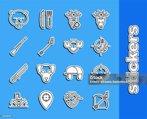 세트 라인 활과 화재 화살표 촬영 경쟁을위한 대상 스포츠 십자선 사슴 불꽃 사냥 총 곰 머리와 무스 뿔 방패 아이콘사냥 토끼 벡터 곰에 대한 스톡 벡터 아트 및 기타 이미지
