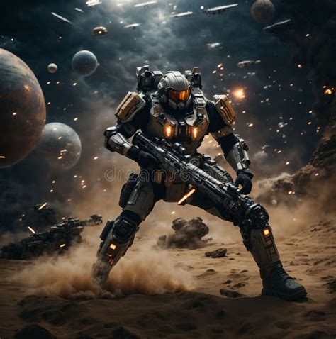 Ai Generated Illustration Of A Futuristic Robot With A Weapon During A Space War In Arid