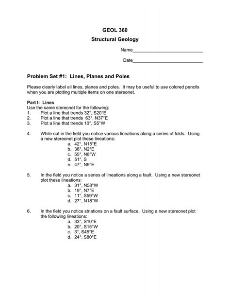 Geol 360 Structural Geology Problem Set 1 Lines Planes And