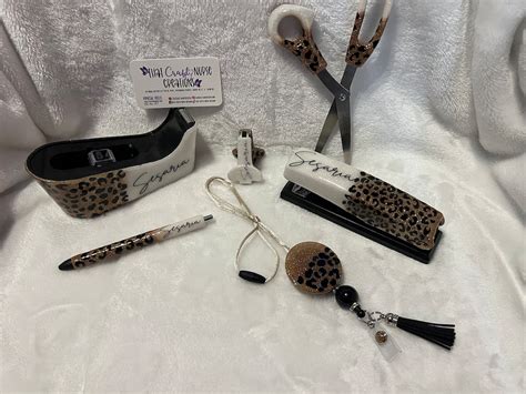 8 Piece Glitter Leopard Print Resin Office Supply Set Resin Scissors