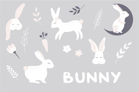 귀여운 토끼 클립 아트 세트 프리미엄 벡터