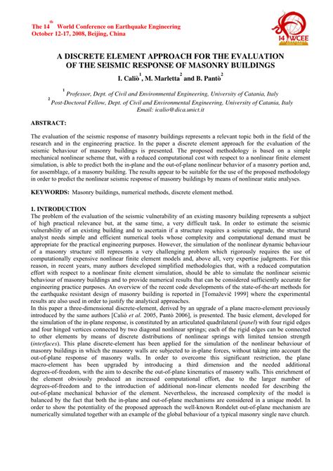 Pdf A Discrete Element Approach For The Evaluation Of Seismic Response Of Masonry Buildings