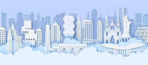 종이 컷 스타일의 뉴욕시 파노라마 벡터 3d 미국의 유명한 랜드 마크 뉴욕 시에 대한 스톡 벡터 아트 및 기타 이미지 뉴욕 시 눈 냉동상태의 물 도시 경관 Istock