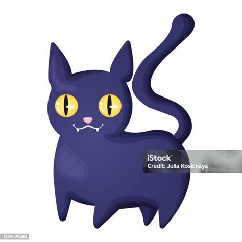 웃는 총구와 노란 눈을 가진 귀여운 검은 고양이 만화 스타일의 벡터 캐릭터입니다 할로윈 기호 U2013 재미있는 검은 고양이 흰색 배경에 격리 0명에 대한 스톡 벡터 아트