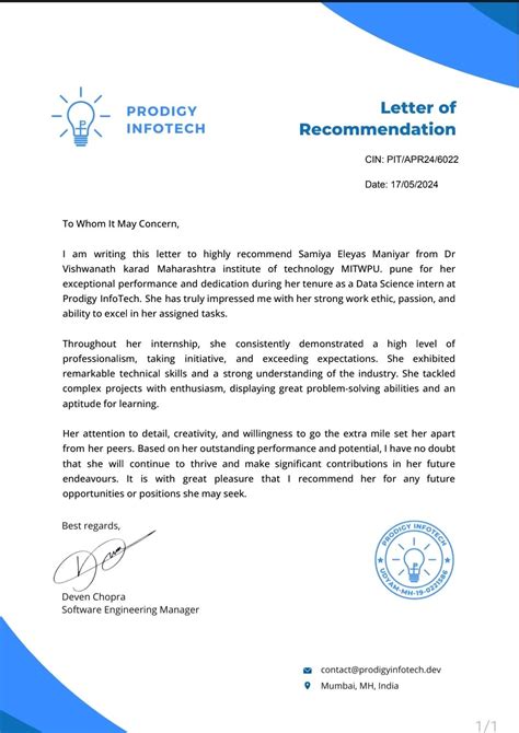 Samiya Maniyar On Linkedin Prodigyinfotech Datascience Datascience Letterofrecommendation…