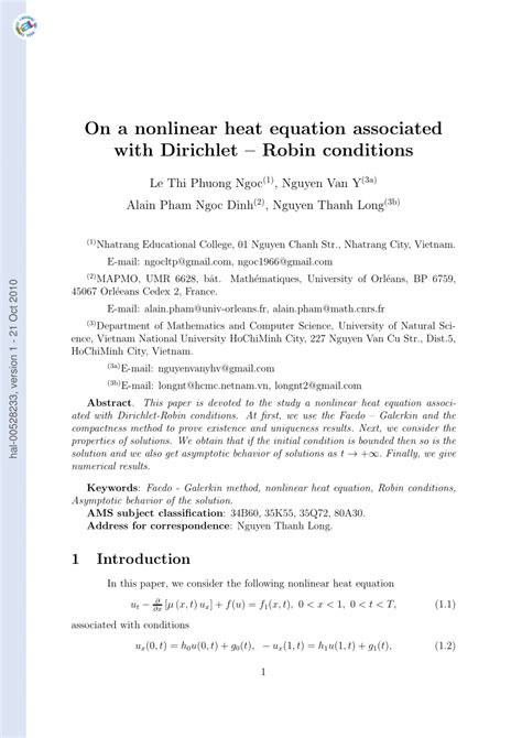 Pdf On A Nonlinear Heat Equation Associated With Dirichlet Robin Conditions